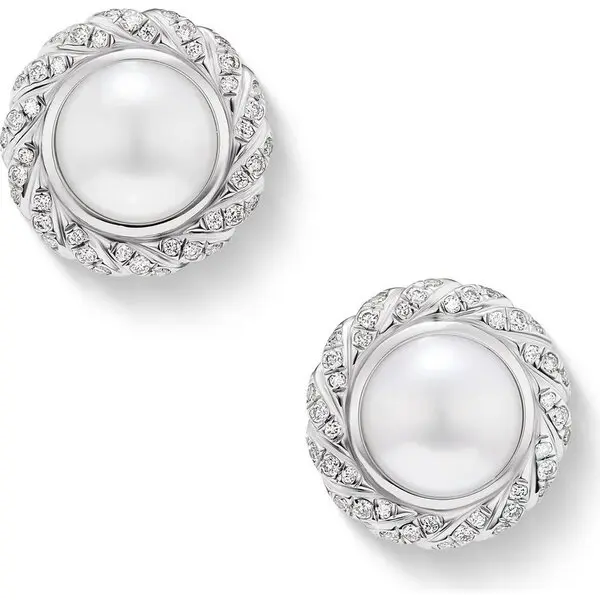 David Yurman Pearl Classics Stud Earrings With Diamonds - Sterling Silver