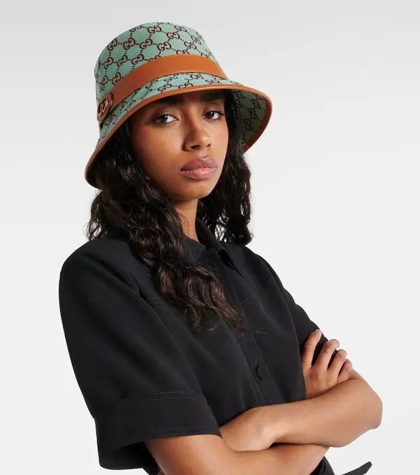GUCCI GG logo leather trimmed bucket hat Gucci Jago Gg Leather-Trimmed Bucket Hat - Blue | Editorialist main image 2