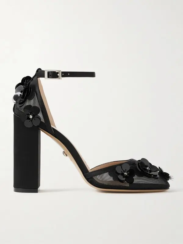 Mach & Mach Satin-trimmed Embellished Mesh Pumps