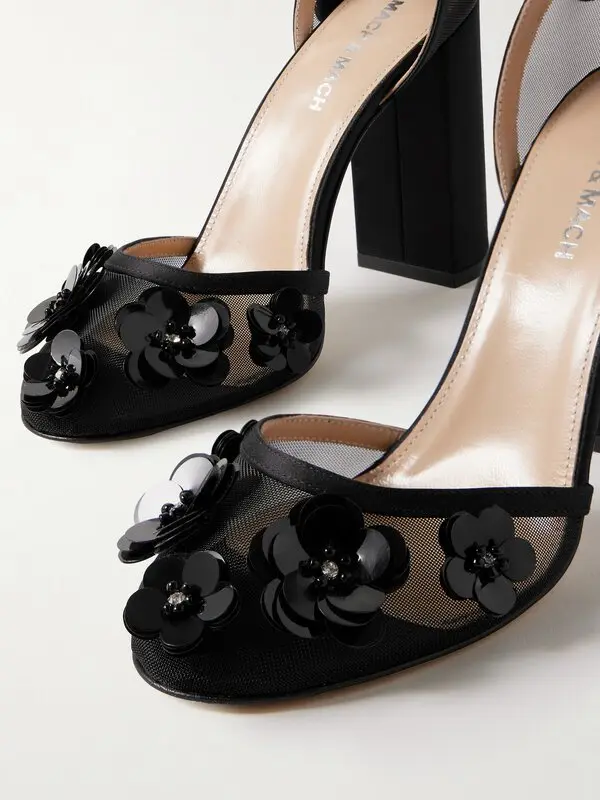 Mach & Mach Satin-trimmed Embellished Mesh Pumps