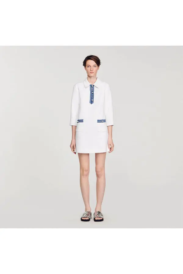 sandro white and denim dress Sandro Tweed Short Dress With Denim-Effect Trim In White - 50% Off