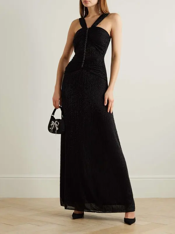 green emerald velvet dress Black And Gold Chiffon Maxi Dress  self-portrait-US
