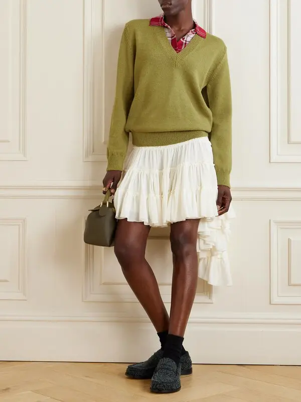 Loewe Paneled Checked Silk Blend-trimmed Knitted Sweater