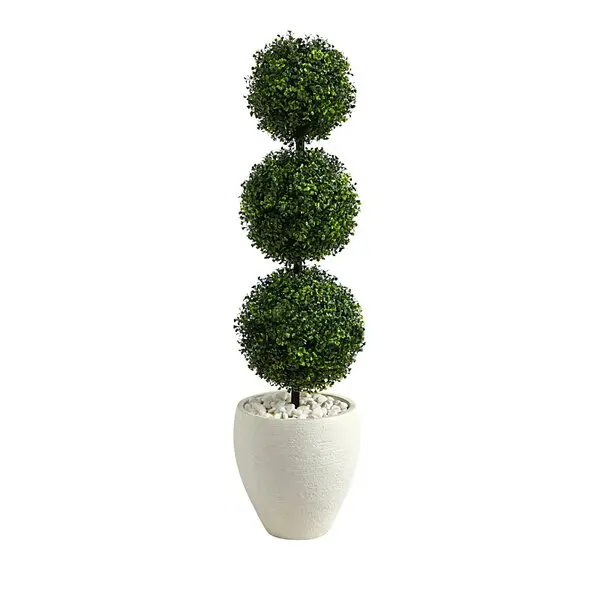 NEARLY NATURAL 3.5ft. Boxwood Triple Ball Topiary Artificial Tree In White Planter - Green