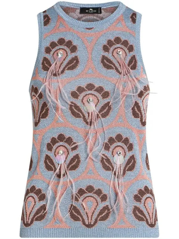 Etro Feather-embellished Jacquard Top - Blue