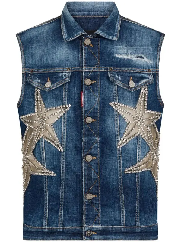 Dsquared2 Star-appliqué Embellished Denim Vest - Blue