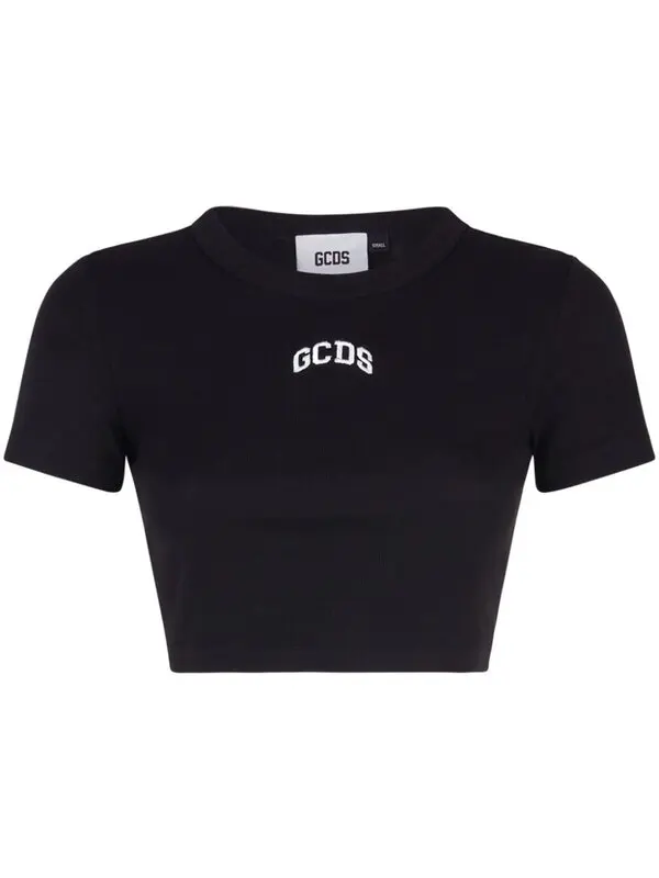 Gcds Logo-embroidered Cropped T-shirt - Black