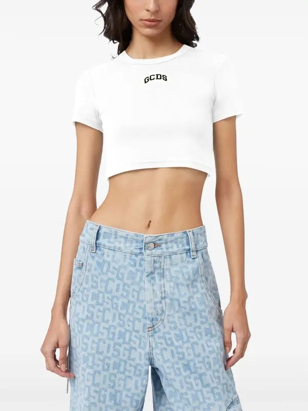 Gcds Logo-embroidered Cropped T-shirt - White