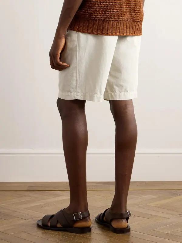 Zegna Straight-leg Pleated Cotton And Linen-blend Twill Shorts - Neutrals