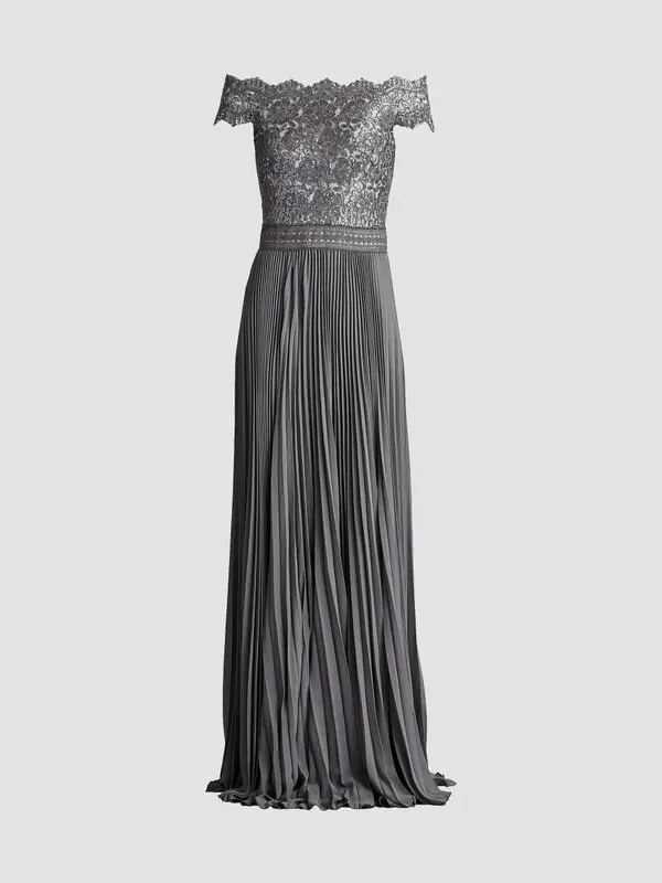 Tadashi Shoji Sequin Corded Lace Pleated Chiffon Gown - Mist