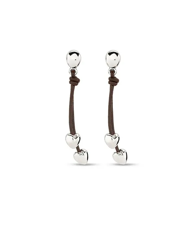 UNODE50 Leather Drop Earrings With Two Small Hearts