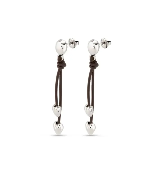 UNODE50 Leather Drop Earrings With Two Small Hearts