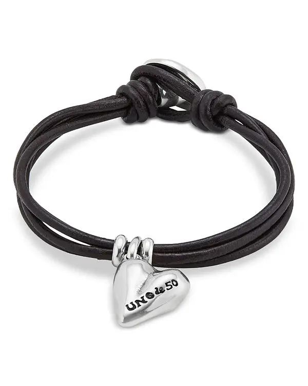 UNODE50 Leather Heart Charm Bracelet - Silver