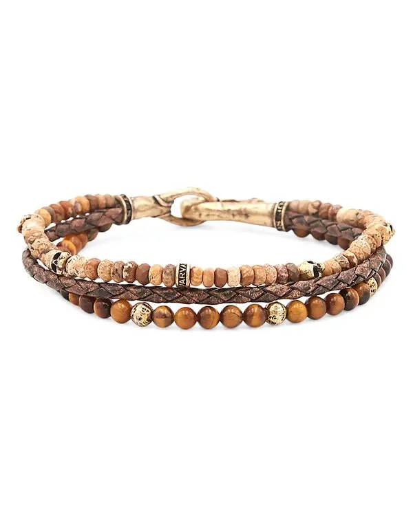 John Varvatos Brass Skull Jasper, Tiger Eye, And Woven Leather Triple Strand Bracelet - Brown