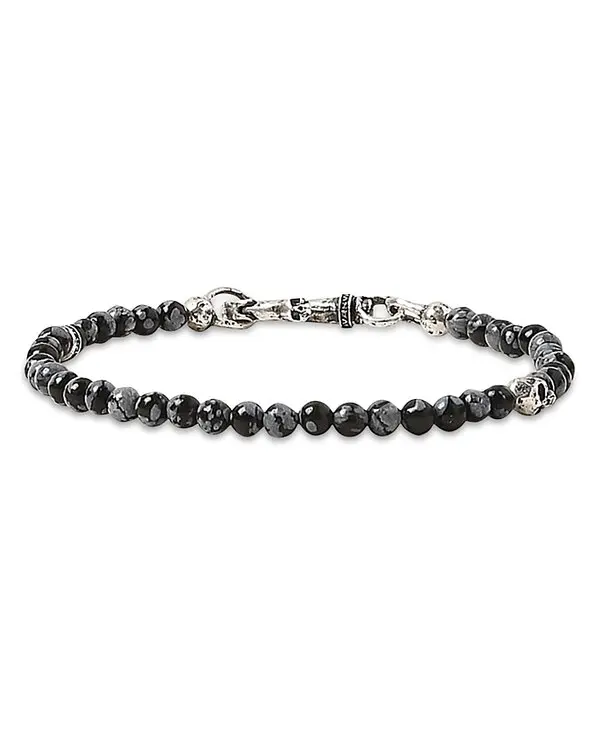 John Varvatos Sterling Silver Skull Obsidian Beaded Bracelet - Black
