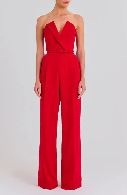 NADINE MERABI Tuxedo Belted Strapless Wide Leg Jumpsuit - Red