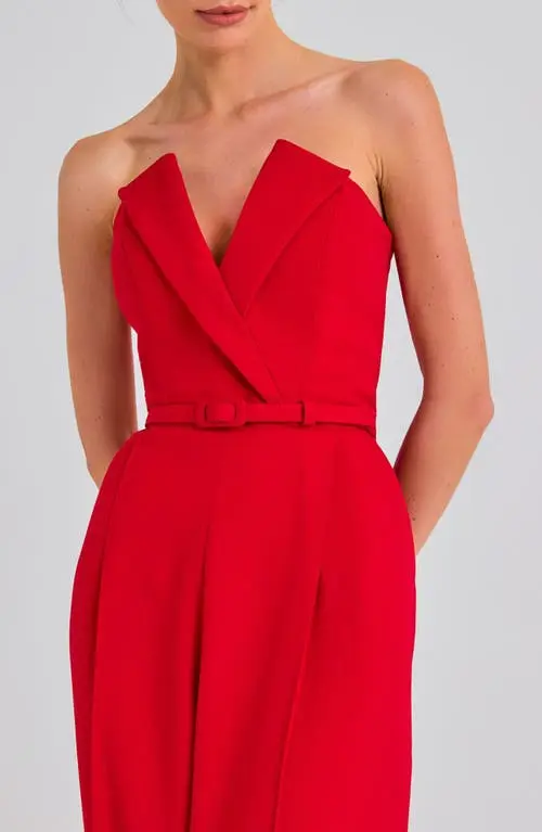 NADINE MERABI Tuxedo Belted Strapless Wide Leg Jumpsuit
