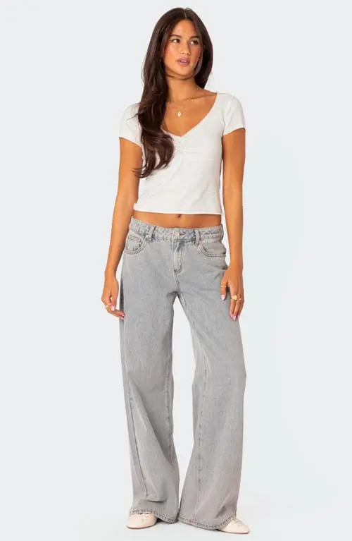 EDIKTED Ruched V-neck Crop Top - White