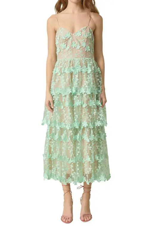 Endless Rose Floral Embroidered Tiered Lace Midi Dress - Green - 25% Off