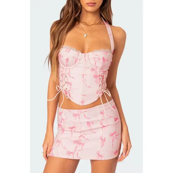 EDIKTED Makayla Printed Lace-up Halter Top - Light-pink