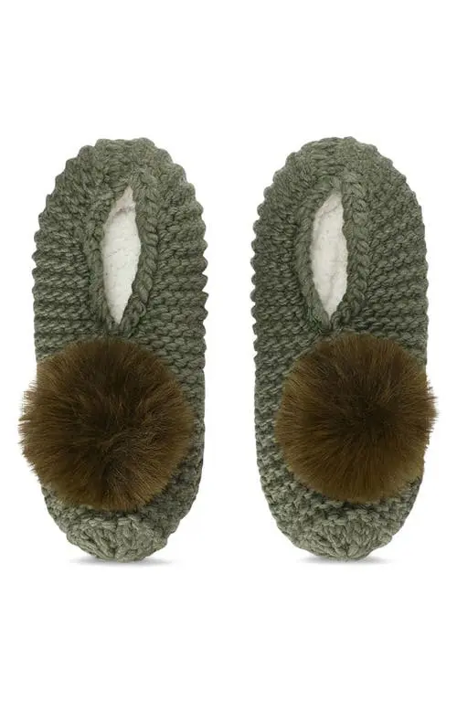 MEMOI Faux Fur Pompom Slipper Socks - Moss Green