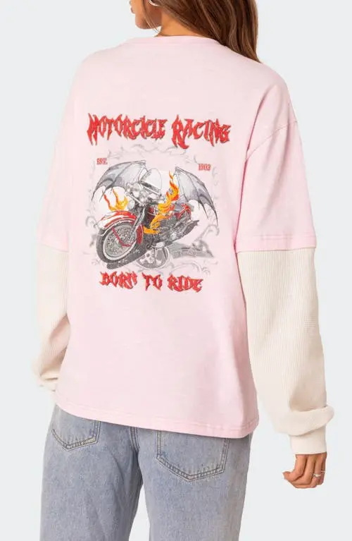 EDIKTED Racing Oversized Mixed Media Long Sleeve Graphic T-shirt
