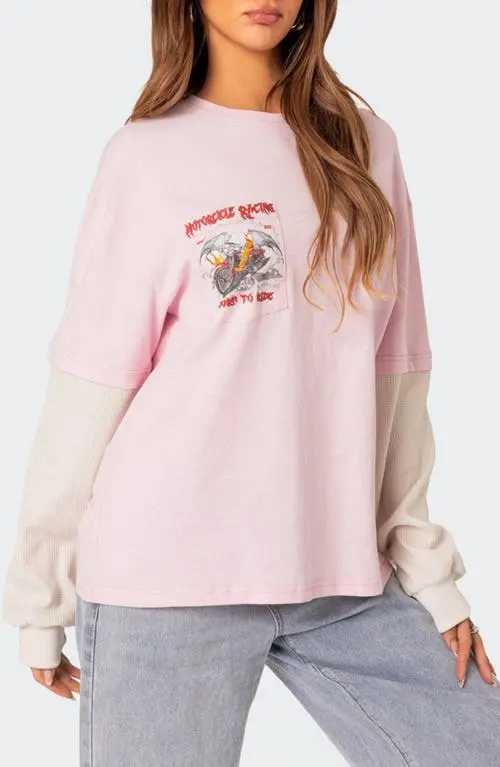 EDIKTED Racing Oversized Mixed Media Long Sleeve Graphic T-shirt