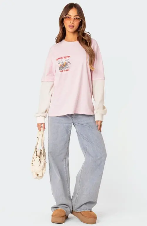 EDIKTED Racing Oversized Mixed Media Long Sleeve Graphic T-shirt