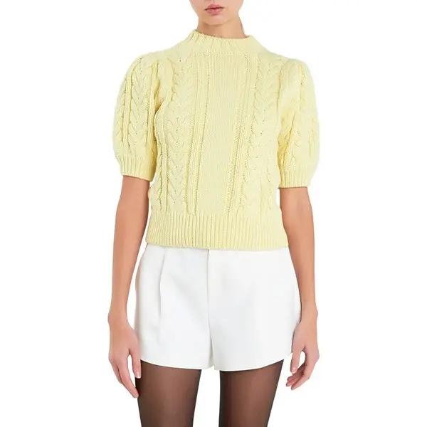 English Factory Mock Neck Cable Stitch Sweater - Lemon