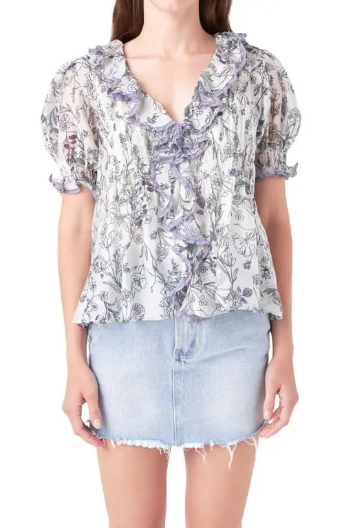 English Factory Floral Print Ruffle Top