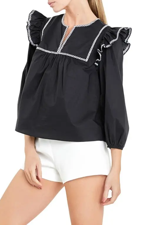English Factory Embroidered Ruffle Balloon Sleeve Cotton Top