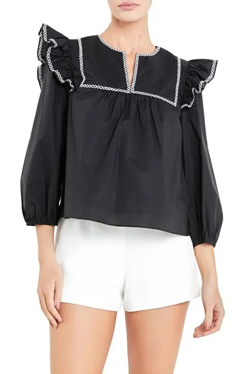 English Factory Embroidered Ruffle Balloon Sleeve Cotton Top - Black/white