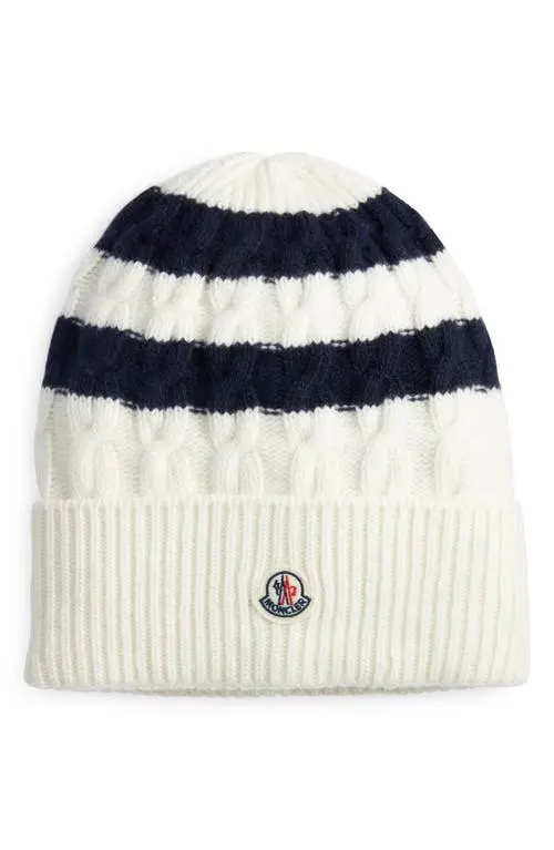 Moncler Stripe Wool Beanie - Ivory/ Blue Navy