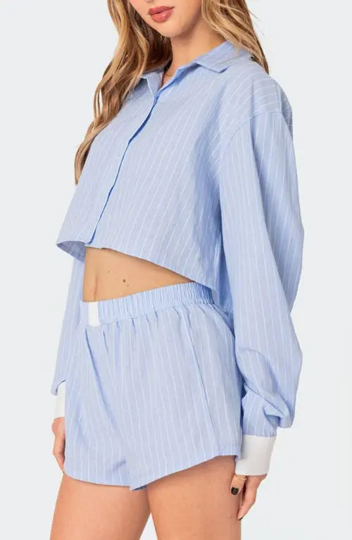 EDIKTED Lea Stripe Crop Button-up Shirt - Light-blue
