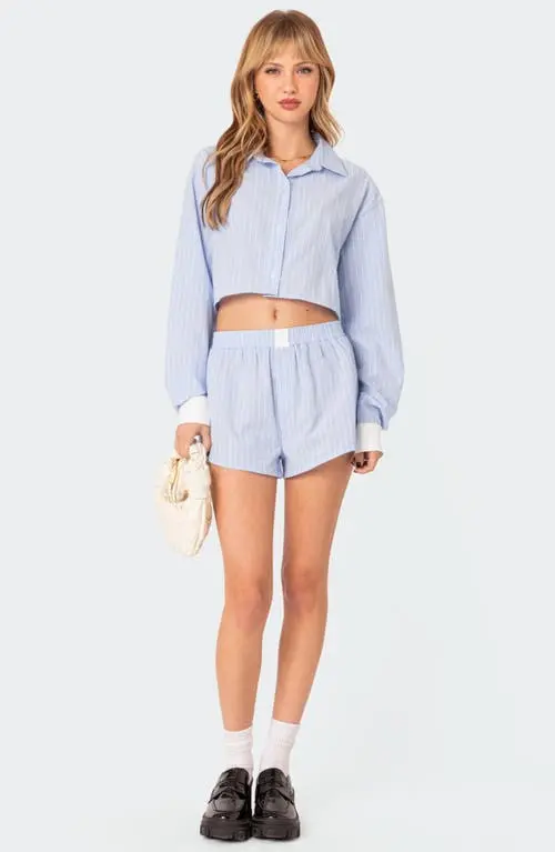 EDIKTED Lea Stripe Crop Button-up Shirt - Light-blue