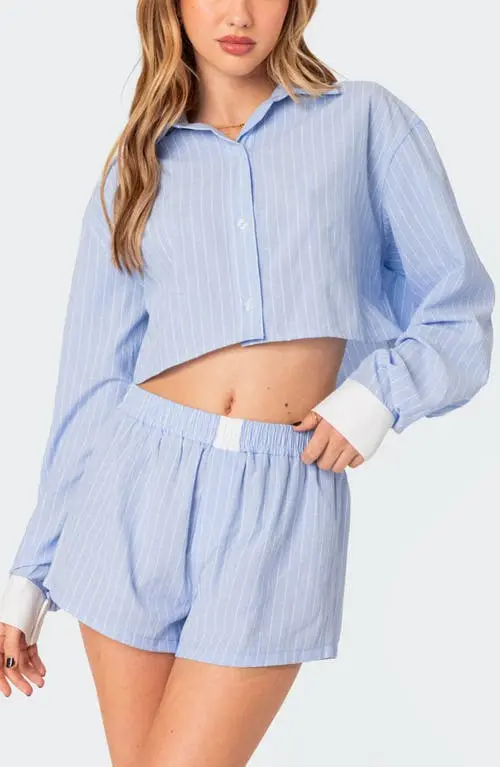 EDIKTED Lea Stripe Crop Button-up Shirt - Light-blue