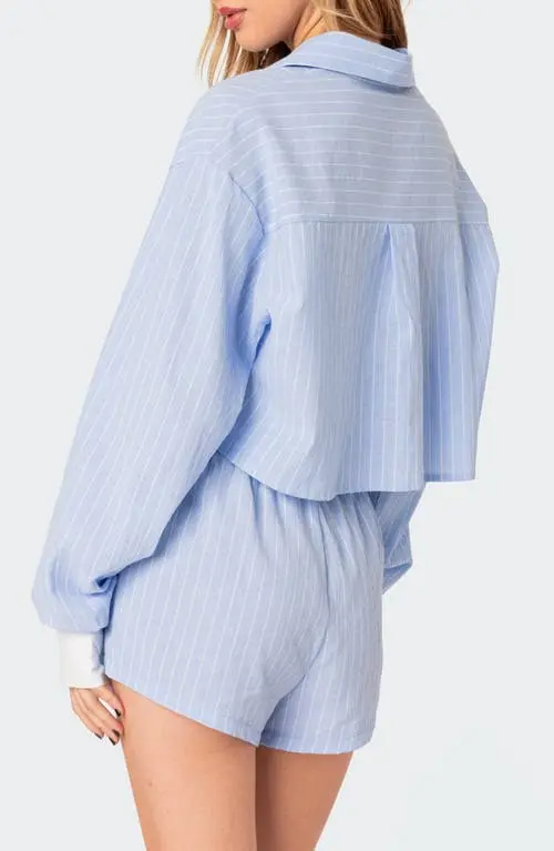 EDIKTED Lea Stripe Crop Button-up Shirt - Light-blue
