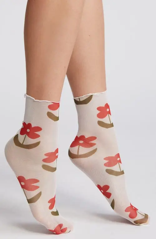 HIGH HEEL JUNGLE Retro Floral Mesh Crew Socks - Red