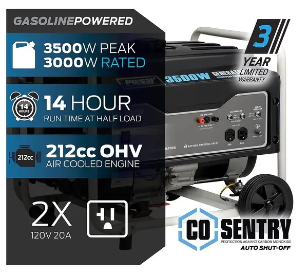 PULSAR 3,500 Watt Portable Generator With Co Se Ntry
