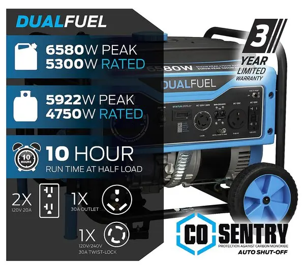 PULSAR 6,580 Watt Dual Fuel Generator With Co S Entry
