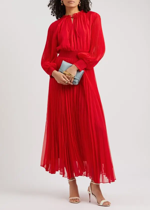 Alice + Olivia Vernia Pliss Chiffon Maxi Dress - Red | Editorialist