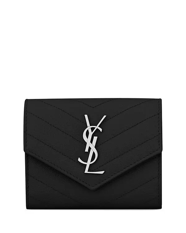 Saint Laurent Cassandre Matelassa Multi-folded Wallet In Grain De Poudre Embossed Leather - Black