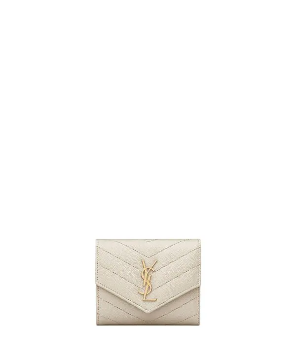 Saint Laurent Cassandre Matelassa Multi-folded Wallet In Grain De Poudre Embossed Leather - Blanc Vintage