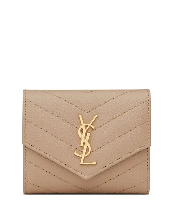 Saint Laurent Cassandre Matelassa Multi-folded Wallet In Grain De Poudre Embossed Leather - Dark Beige