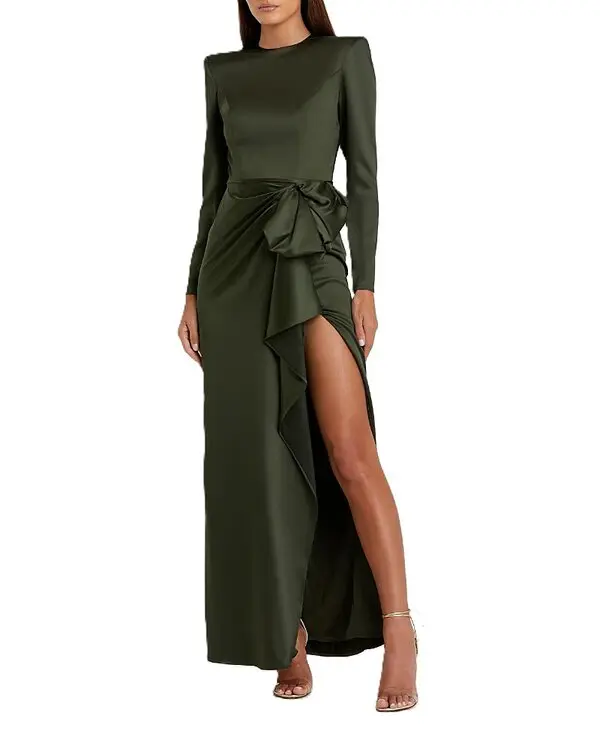 Mac Duggal Long Sleeve Draped Bow Gown - Olive