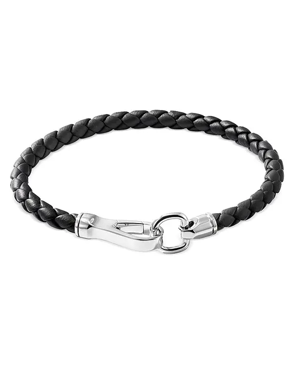 John Hardy Silver Woven Leather Hook Clasp Bracelet - Black/silver