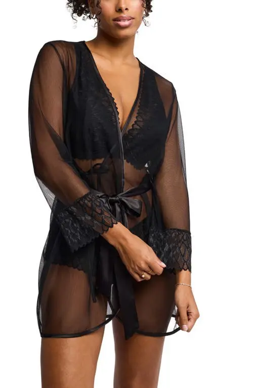 MONTELLE INTIMATES Lacy Lace Trim Mesh Robe - Black