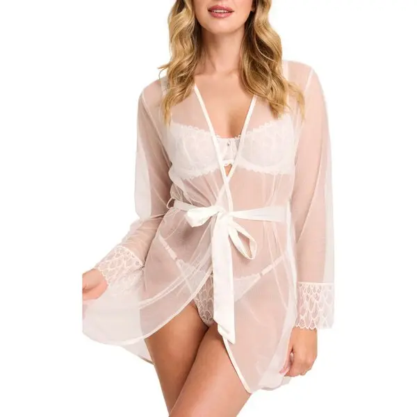 MONTELLE INTIMATES Lacy Lace Trim Mesh Robe - Chantilly