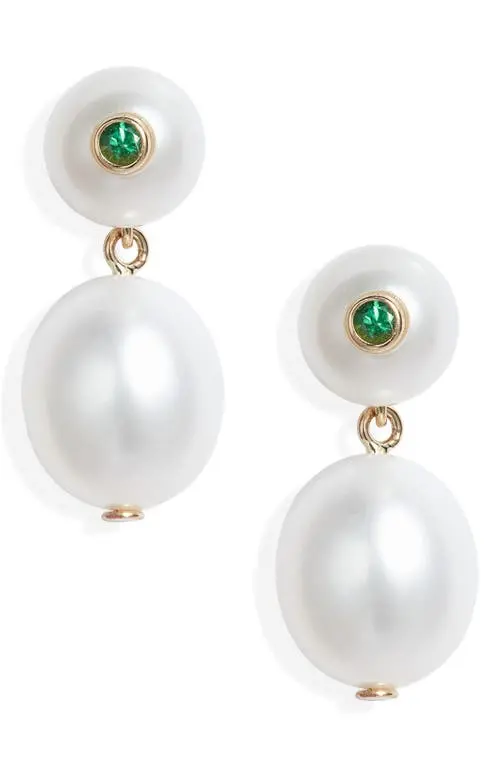 POPPY FINCH Freshwater Pearl & Emerald Drop Earrings - Emerald/14k Yellow Gold