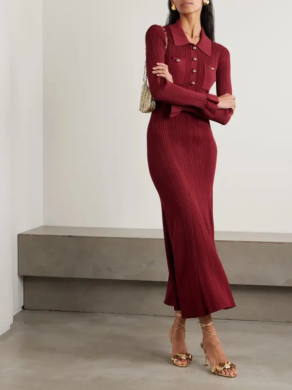 Self-Portrait Button-Embellished Ribbed-Knit Midi Dress In Burgundy - 20%  Off | Editorialist